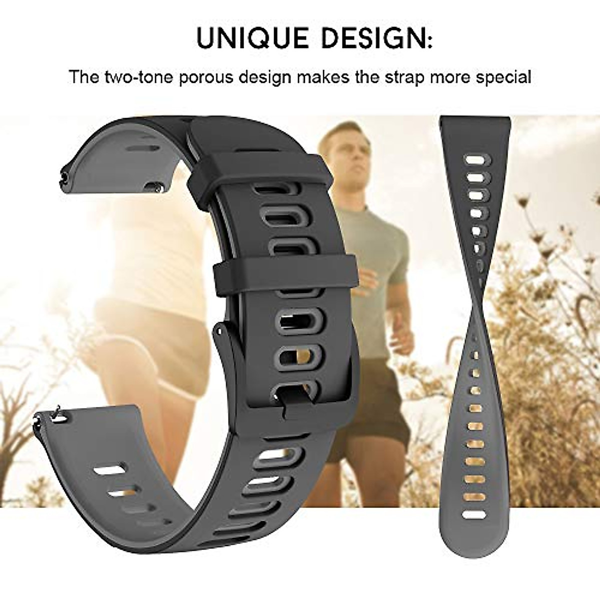 NotoCity for Vivoactive 3, Galaxy Watch 4 Galaxy Watch 5/Pro, 20mm Silicone Replacement Band for Forerunner 245/645, Galaxy Watch 4 Classic Watch 3 41mm/ Active 2(black-gray)