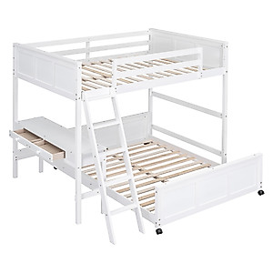 Full Over Full Loft Bed with Desk and Storage Drawers, Wood Bunk Loft Bunk Bed for Kids, Can Be Separated into A Full Size Platform Bed Frame and A Loft Bed for Girls Boys Teens, White