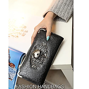 Downupdown Skull Wallets for Women Zipper Wallet Shiny Faux Leather Clutch Handbags Chian Wristlets Bag Card Pockets Long Cion Purse-Black