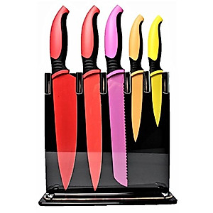 Kitchenson 3CR14 Stainless Steel Nonstick Multi-Color Professional Cutlery Set with 5 knives and 1 Clear Acrylic Stand 8.25” x 8.5”, Red, Pink, Orange and Yellow, 6 Piece Total