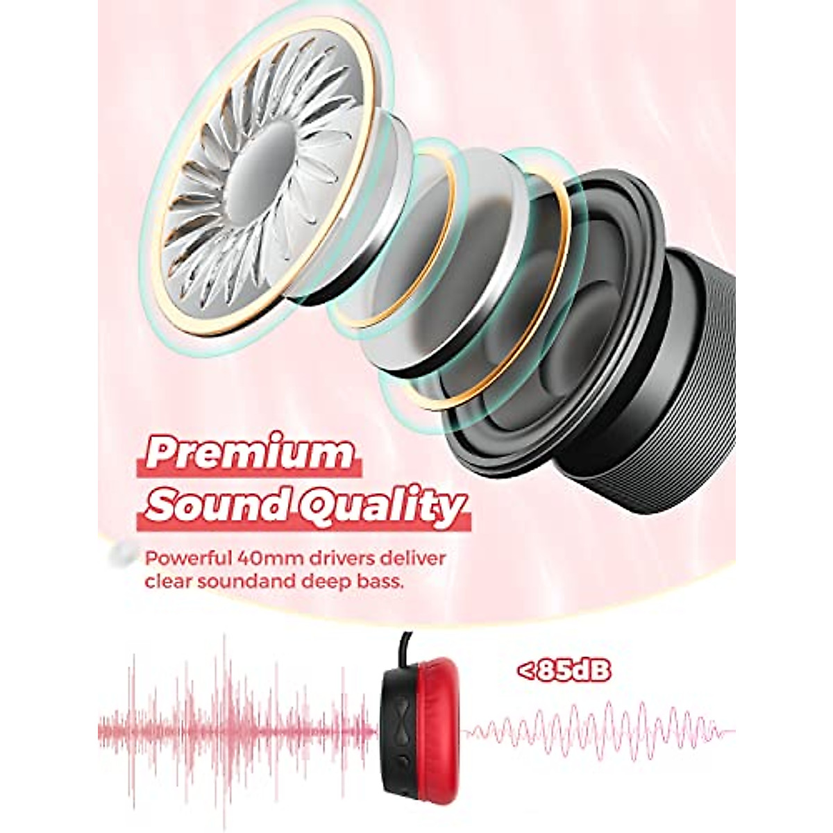 gorsun E95A Kids Headphones Wireless with Mic, Bluetooth 5.1, LED Lights Kids Bluetooth Headphones, 85dB Volume Limited Toddler Headphones, Stereo Headsets for School Tablet PC, Red