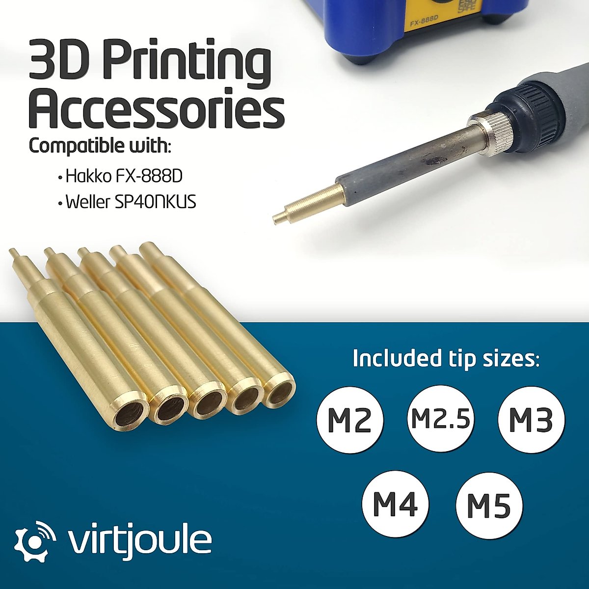 Virtjoule Heat Set Insert Tips for Sizes M2, M2.5, M3, M4, and M5 - Soldering Iron Tips for 3D Printer Users, 3D Printing Accessories Compatible with Hakko FX-888D and Weller SP40NKUS Soldering Irons