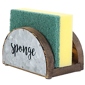 MyGift Burnt Wood Semicircle Kitchen Sink Sponge Holder with Galvanized Metal and Black Sponge Cursive Lettering