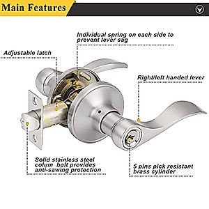 Probrico (2 Pack Wave Style Keyed Alike Entry Levers, Exterior Interior Satin Nickel Keyed Door Handles with Lock and Same Keys, Reversible for Right Left Handed Doors