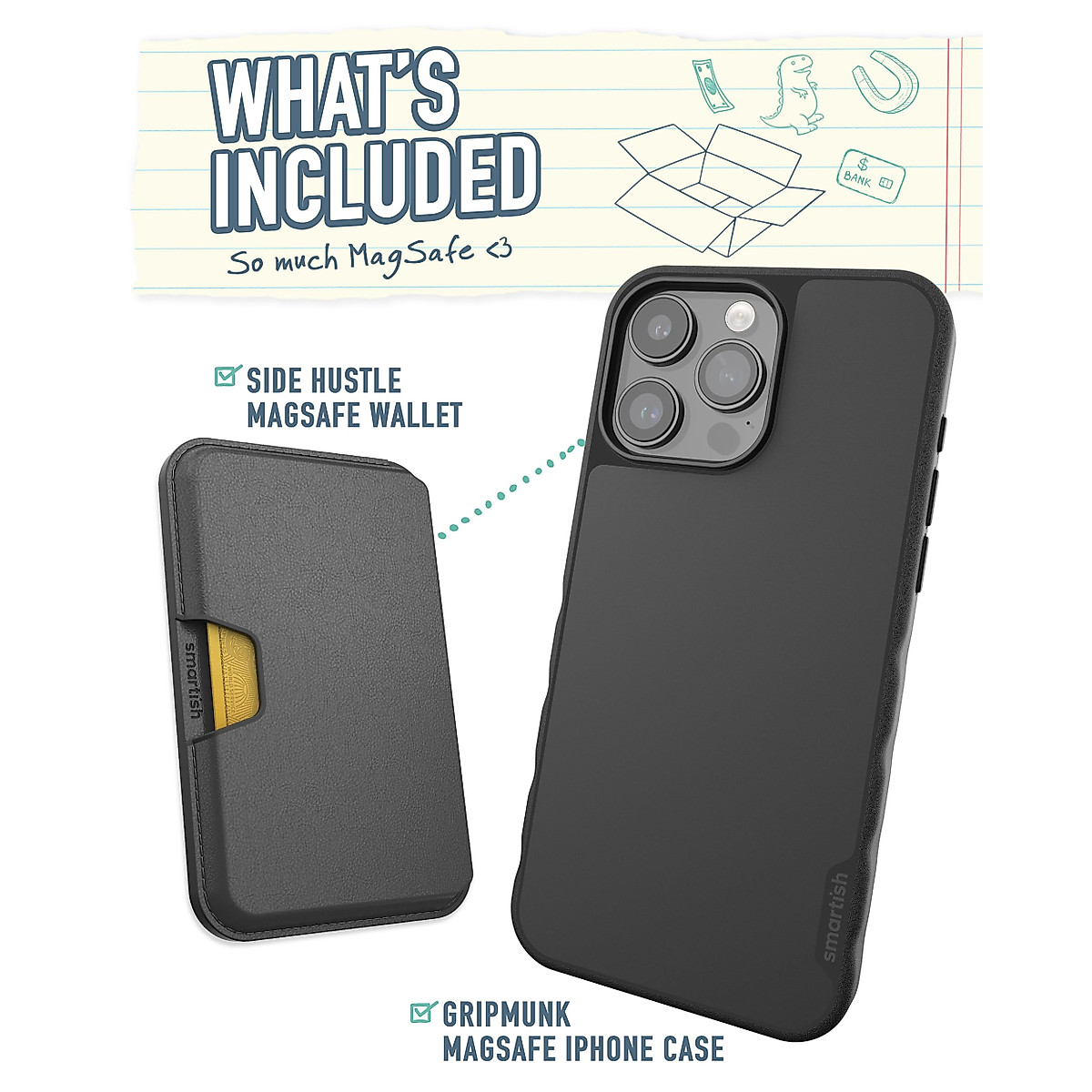 Smartish® iPhone 15 Pro Max Slim Case with Wallet for MagSafe iPhones - Gripmunk - Magsafe Compatible Thin Grip Cover + Detachable Magnetic Credit Card Holder - Black Tie Affair