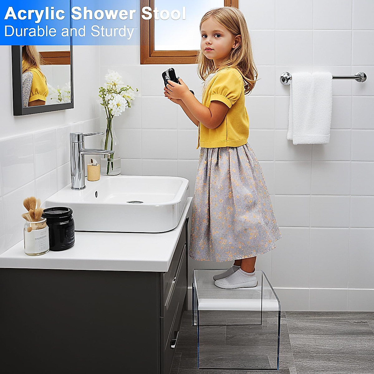 BOPKOWI Acrylic Step Stool,Acrylic Stool,Acrylic Small Step Stool,Clear Foot Stool,Clear Acrylic Footstool with Non-Slip for Bathroom,Holds Up to 250l (No Non-Slip Stool, Pack of 1)