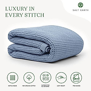 Salt Earth 100% Organic Cotton Throw Blanket 55"x60" Waffle Blanket for Couch, Bed, Sofa, Living Room and Home Decor Lightweight & All Season Use Easy to wash, Nature and Skin Friendly (Blue)
