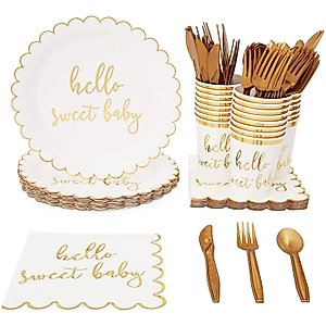 Hello Sweet Baby Shower Supplies, Dinnerware Set (144 Pieces, Serves 24)