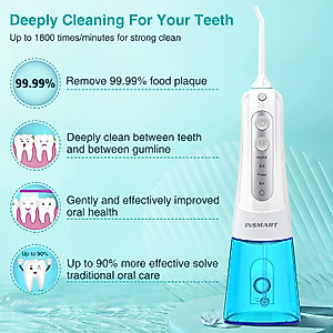 Cordless Water Dental Flosser Teeth Cleaner, INSMART Professional 300ML Tank DIY Mode USB Rechargeable Dental Oral Irrigator for Home and Travel, IPX7 Waterproof 4 Modes Irrigate for Oral Care