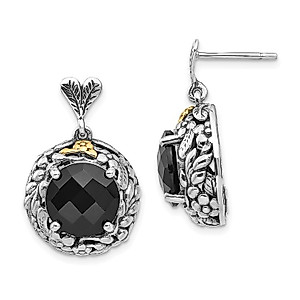 925 Sterling Silver and 14k Yellow Gold Onyx Post Dangle Earrings Fine Jewelry For Women Gifts For Her