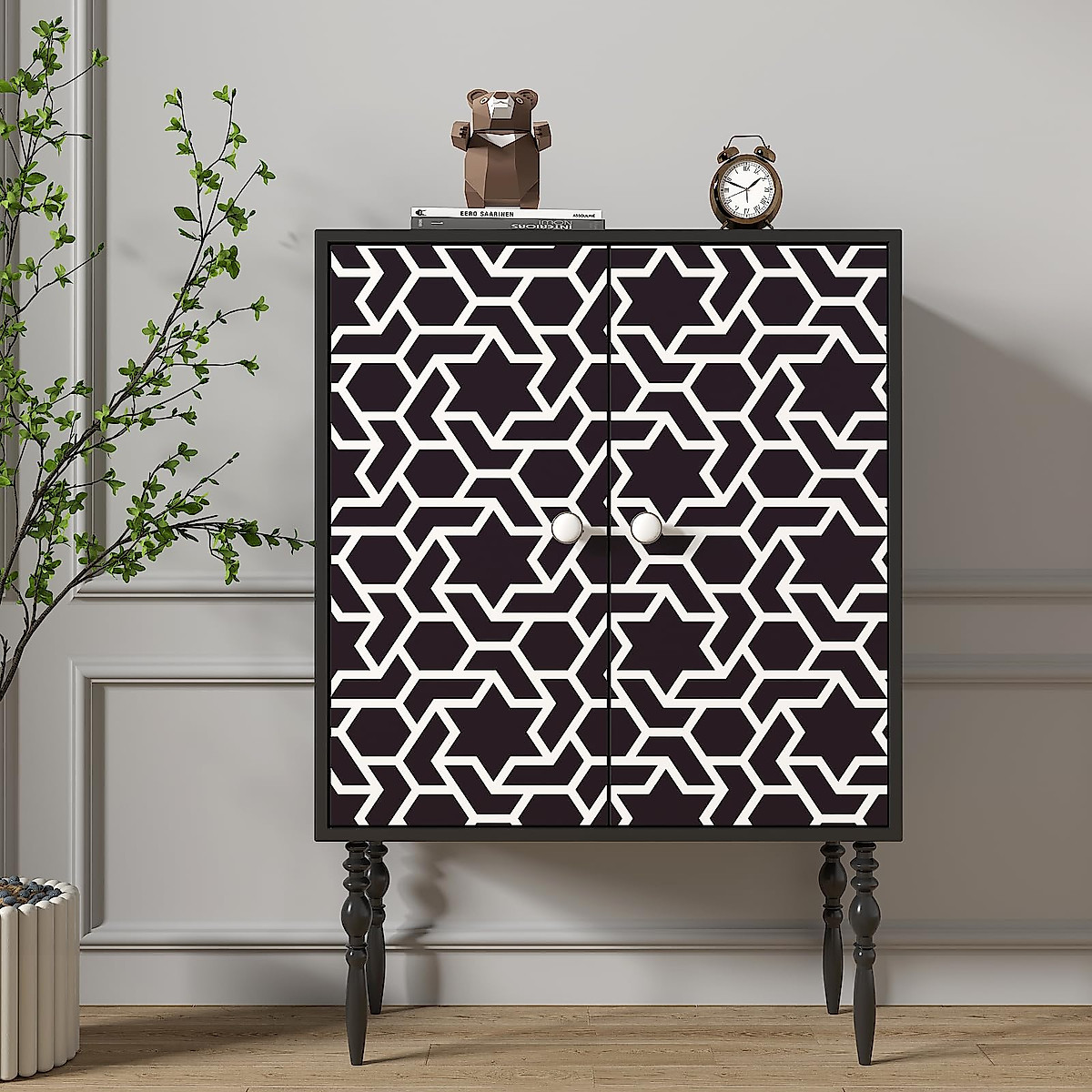 CHIHUT Black and White Peel and Stick Wallpaper Black Textured Wallpaper Hexagonal Stars Geometric Contact Paper for Cabinets Removable Self Adhesive Vinyl Wallpaper for Bedroom Walls 17.7”x100”