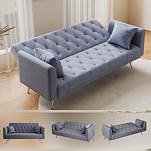 Modern Velvet Sofa Bed Futon with 2 Pillows,2-in 1 Convertible Sleeper Couch Bed,Folding Recliner Loveseat with Golden Metal Legs for Living Room Apartment Office (Dark Grey)