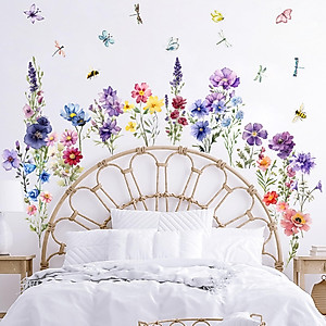 9 Pieces Flowers Wall Decals Flower Decals for Walls Vinyl Flowers Wall Stickers Peel and Stick Removable Butterfly Spring Floral Wall Decals Wall Art Decals Decor for Girls Bedroom Living Room