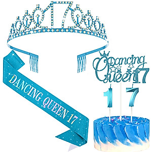 Crowye 17th Dancing Queen Gifts Dancing Queen 17 Cake Topper 17th Tiara Crown Sash Candles 17 Birthday Decorations for Party Accessories(Blue)