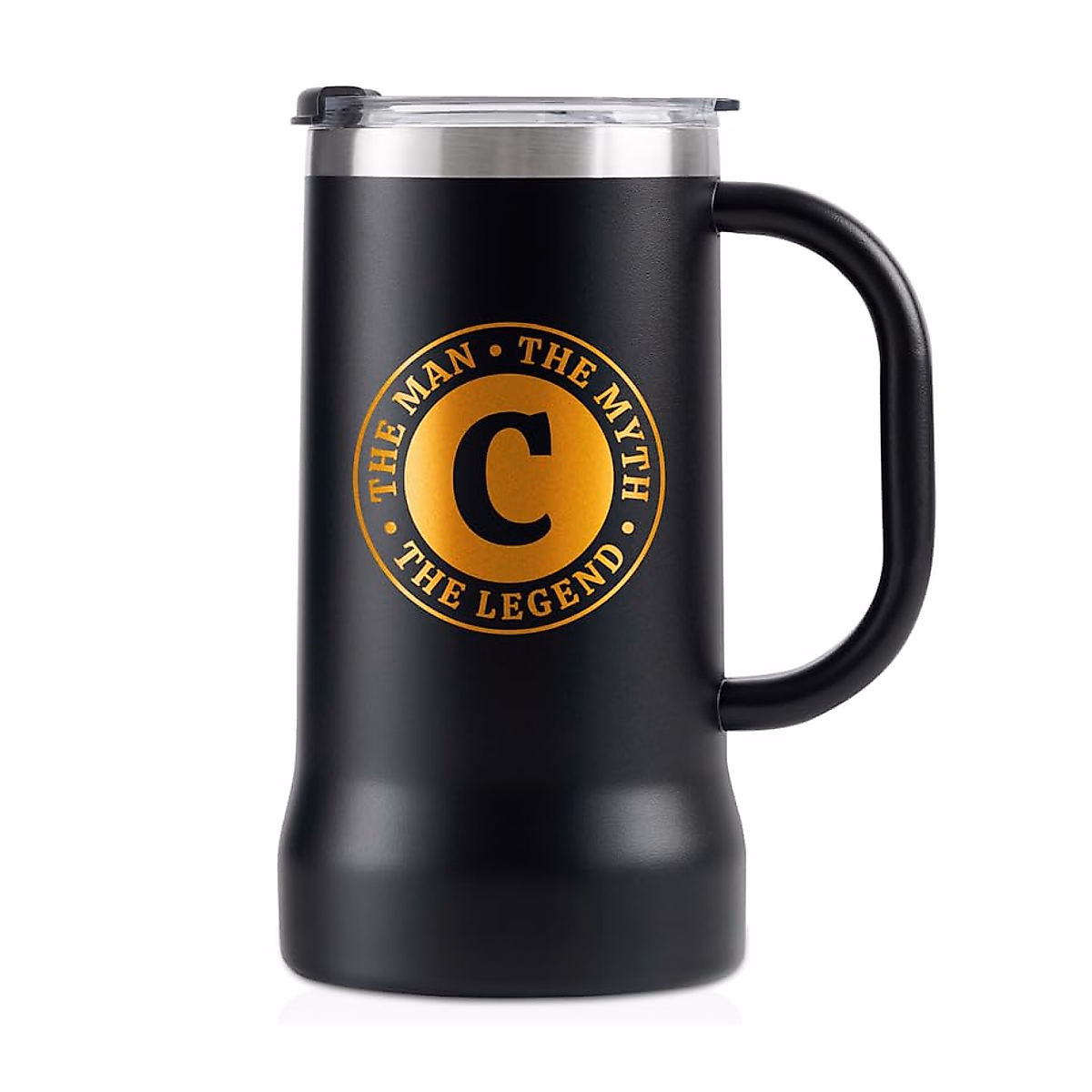 Onebttl Personalized Travel Mug with Handle, Beer Stein for Men, Funny Custom Alcohol Gifts for Beer Lovers, Unique Birthday Christmas Gifts for Him, the Man the Myth the Legend, C
