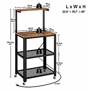 IRONCK Bakers Rack with Power Outlet, Industrial Microwave Cart with Wheels 3-Tier Coffee Bar for Kitchen Living Room Vintage Brown