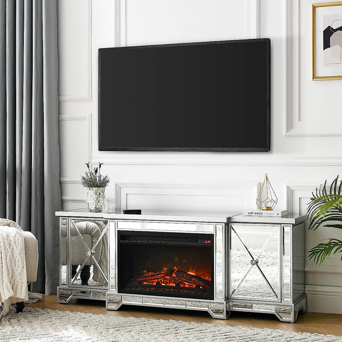 Alohappy Electric Fireplace TV Stand for TVs up to 65”, Mirrored TV Stand with 18” LED Fireplace and Remote, Home Media Entertainment Center Silver TV Console Table Furniture for Living Room