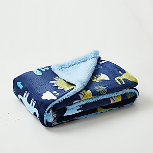 Marina Decoration Reversible Rich Printed Woven Fluffy Plush Soft Warm Flannel Fleece Sherpa Kids Children Blanket, 30 x 40 Inch Green Blue Color Dinosaur Zoo with Navy Blue Base Pattern