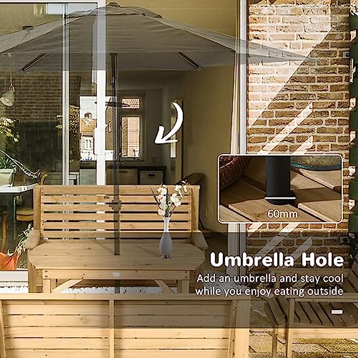 Outsunny 5 Piece Wooden Patio Dining Set for 6, Outdoor Conversation Set with 2 Armchairs, 2 Loveseats, and Dining Table with Umbrella Hole for Backyard, Garden, Light Brown