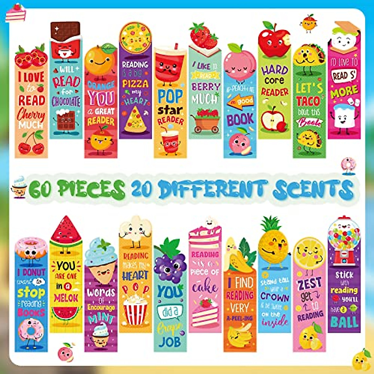 Scented Bookmarks Scratch and Sniff Bookmarks Fruit Food Theme Bookmarks for Kids Assorted Scented Bookmarks Cute Bookmarks for Students, Teens, Food Lovers, 20 Styles (60 Pcs)