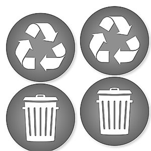 Recycle and Trash Logo Stickers 4 Pack - 4in Circle - for Metal or Plastic Garbage cans, and Bins - Indoor & Outdoor - Laminated and UV Protected Premium Decal (Grey, Small)