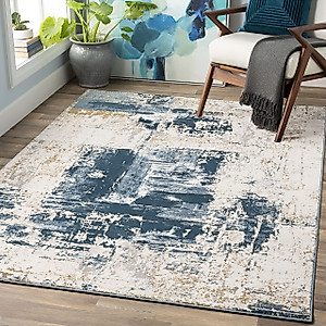 Mark&Day Area Rugs, 8x10 Bayonne Modern Dark Blue Area Rug, Blue White Yellow Carpet for Living Room, Bedroom or Kitchen (7'10" x 10'2")