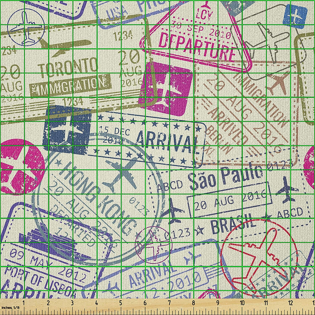 Ambesonne Travel Fabric by The Yard, Passport and Visa Stamps Illustration of Toronto Hong Kong Berlin Print, Stretch Knit Fabric for Clothing Sewing and Arts Crafts, 1 Yard, Eggshell Pink