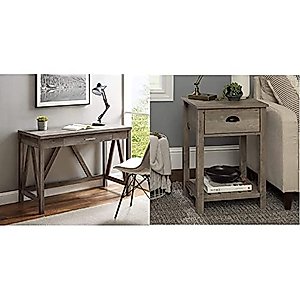 Walker Edison Rustic Farmhouse Wood Computer Writing Desk Home Office Workstation Small, 46 Inch, Grey & Farmhouse Square Side Accent Table Set-Living-Room Storage End Table, 18 Inch, Grey Wash