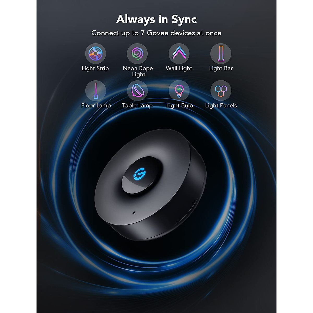 Govee Music Sync Box, Bluetooth Group Control 7 Devices, 22 Dynamic Music Modes, Battery Powered, USB Charged, Supports All Govee Smart Color Light Products