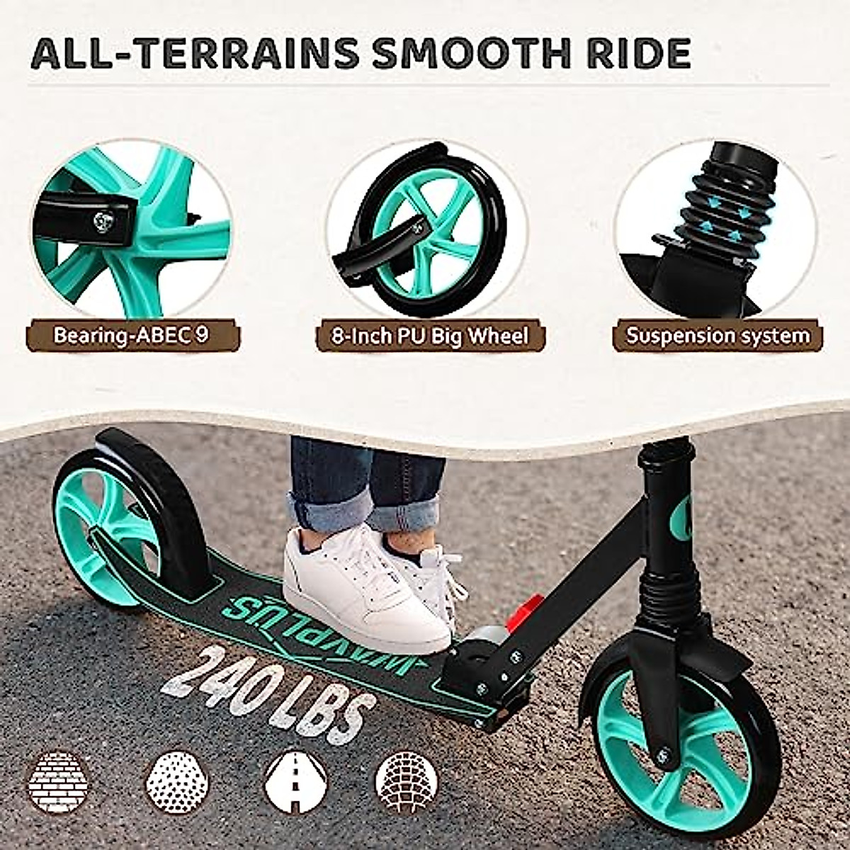 WAYPLUS Kick Scooter for Ages 6+,Kid, Teens & Adults. Max Load 240 LBS. Foldable, Lightweight, 8IN Big Wheels for Kids, Teen and Adults, 4 Adjustable Levels. Bearing ABEC9