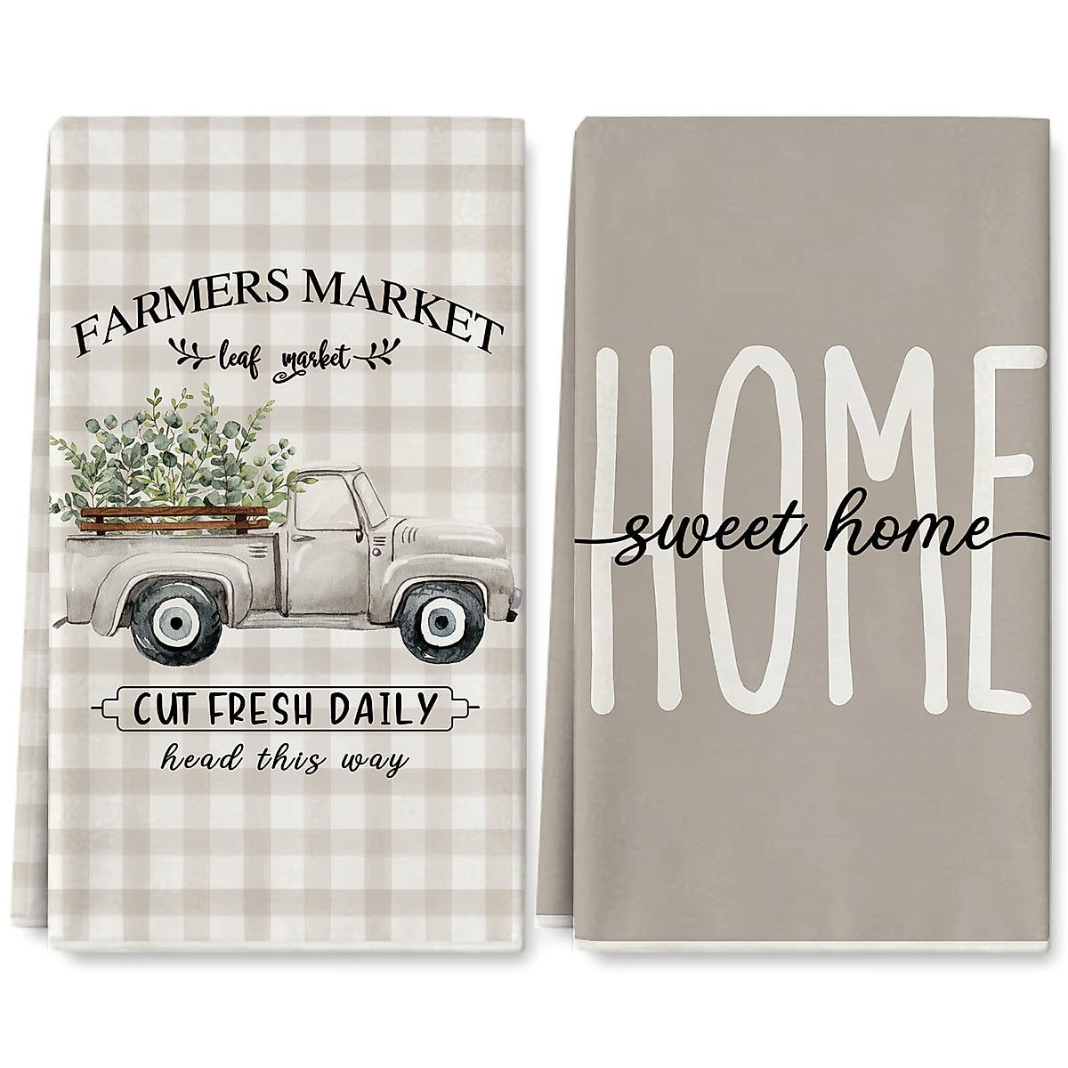 AnyDesign Farmhouse Kitchen Towel Gray Home Sweet Home Dish Towel Buffalo Plaids Truck Eucalyptus Leaves Hand Drying Tea Towel for Home Cooking Baking Cleaning, 18 x 28 Inch, 2Pcs