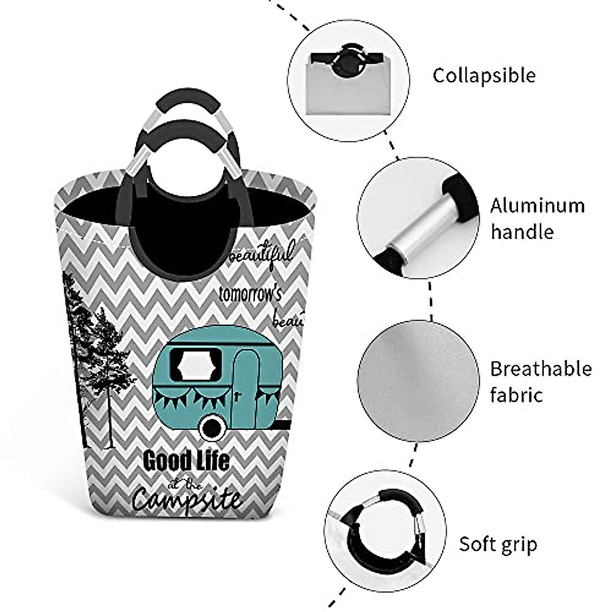 Wondertify Camper RV Laundry Hamper Trailer Travel Tree Chevron Zig-Zag Stripes Camping Happy Camp Clothes Basket With Easy Carry Handles For Clothes Organizer Toys Storage
