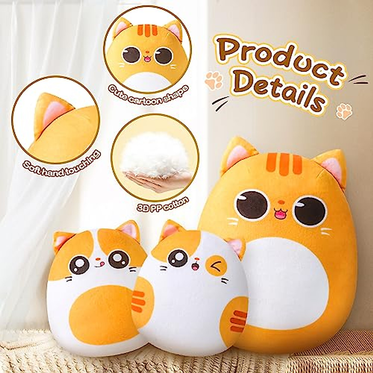 Officygnet Cat Plush Toy, Set of 3 Cute Cat Stuffed Animals Plushies, Kawaii Soft Cat Plush Pillow for Kids Girls, Perfect Christmas Birthday Gifts