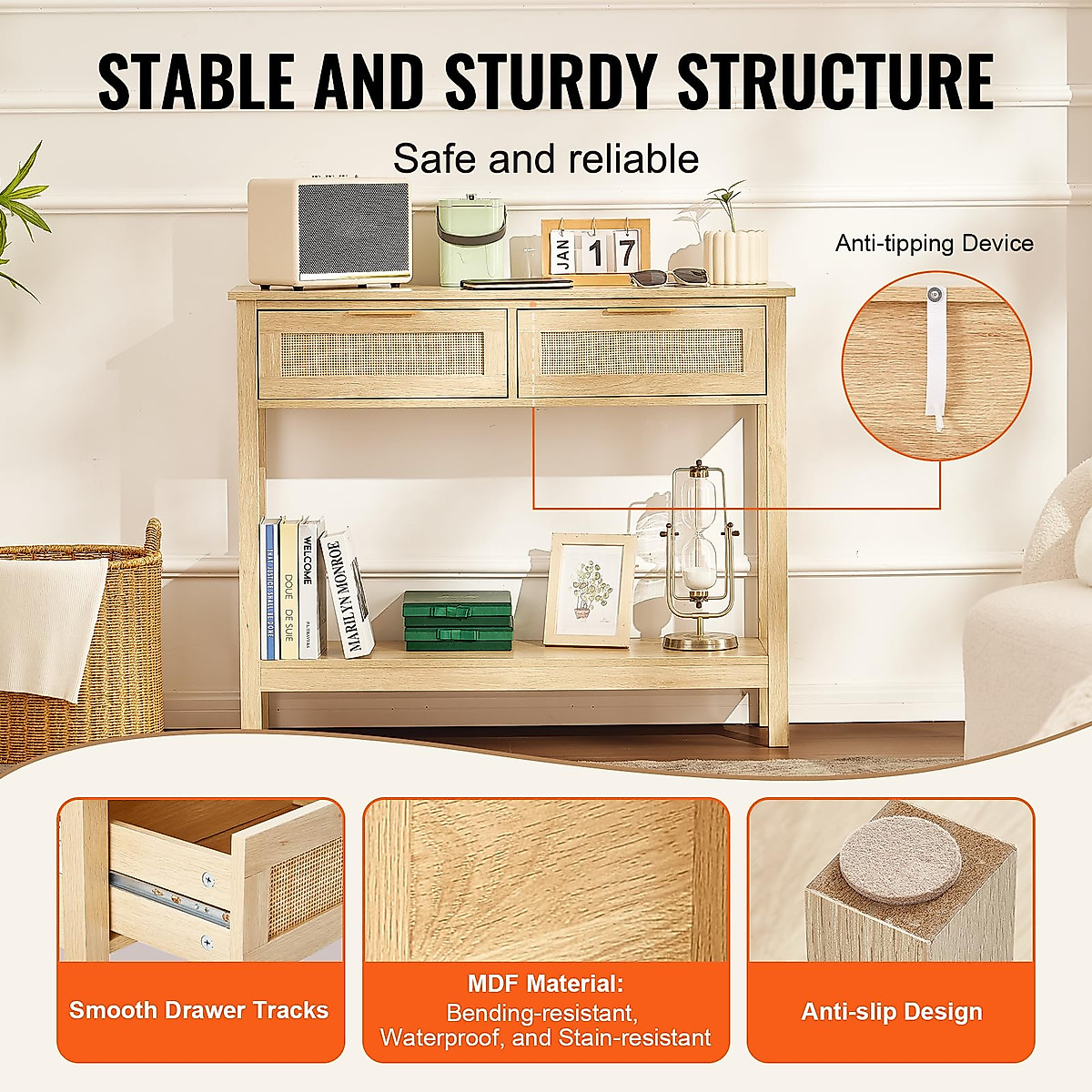 VEVOR Rattan Console Table with 2 Storage Drawers, Rattan Entryway Table with Natural Rattan Sliding Door, Console Sofa Table for Living Room, Study, Entryway Or TV Wall, Natural