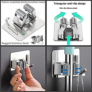 Mop and Broom Holder Organizer Hanger Garage Tool Shelving Organization and Storage Hooks Racks Wall Mount, 4 Pks Self Adhesive