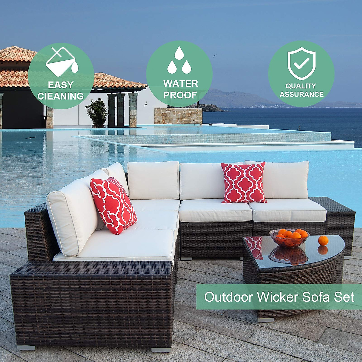 Polar Aurora 6pcs Patio Furniture Set PE Brown Rattan Wicker Sectional Outdoor Sofa Set Outside Couch w/Washable Seat Cushions & Modern Glass Wedge Table for Patio, Backyard, Pool-Beige