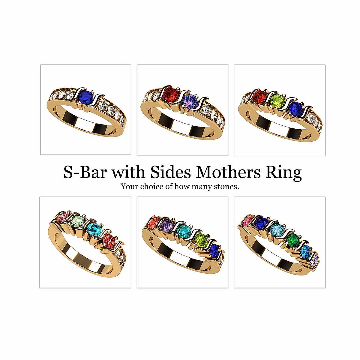 Central Diamond Center S-Bar W/Sides Mother's Ring 1 to 6 Simulated Birthstones - 14k Yellow Gold - Size 7