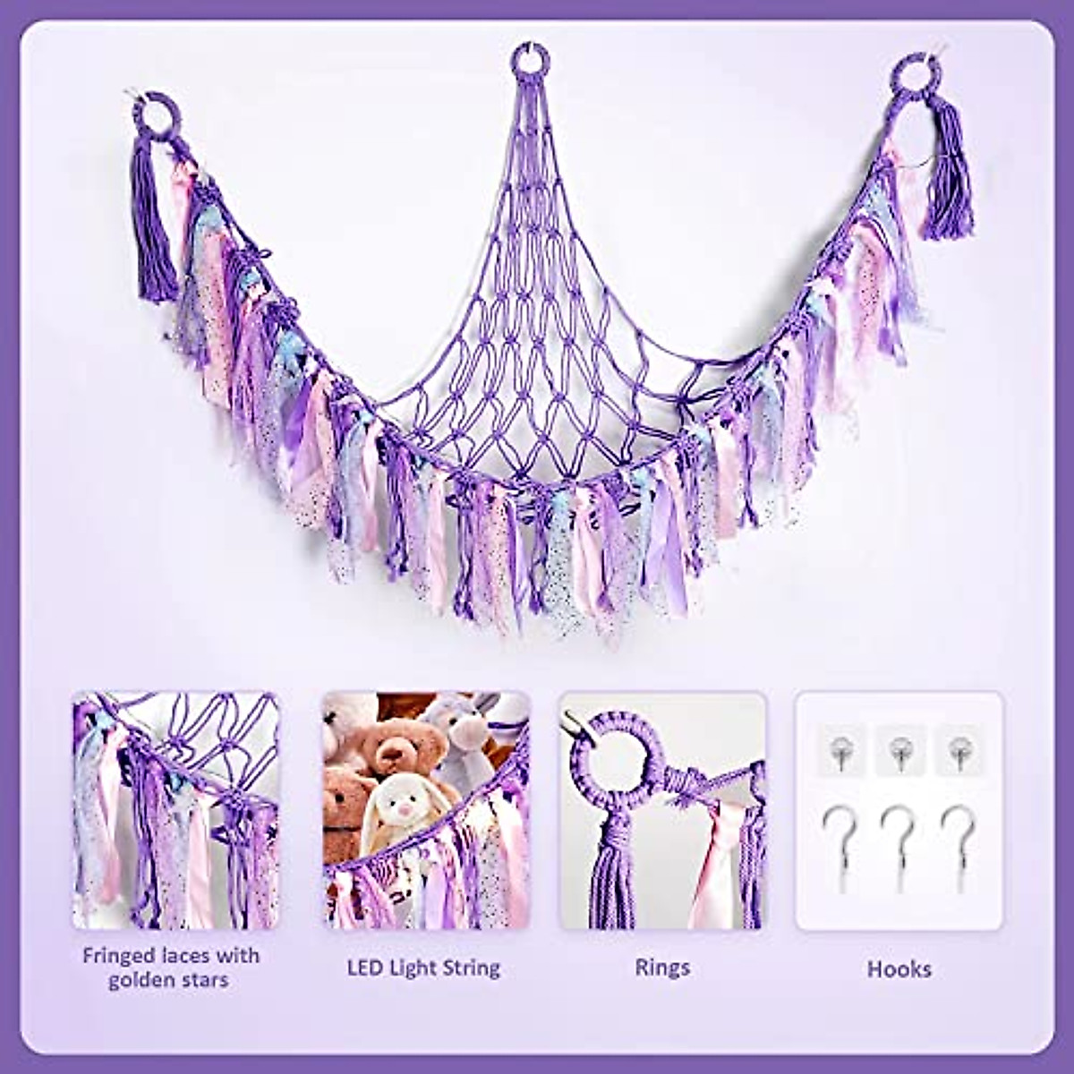 Stuffed Animal Net or Hammock with Light, Hanging Plush Toy Hammock Stuffed Animal Storage Organizer Holder Room Decor with Tassels Hooks for Kids Nursery Playroom Bedroom