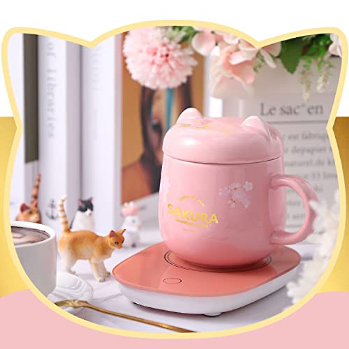 Coffee Cup Warmer Coffee Warmer with Mug for Women Electric Coffee Mug Heater Temperature Control Ceramic Cute Cat Smart Coffee Warmer for Office Desk Home Christmas Birthday Gift(Pink)