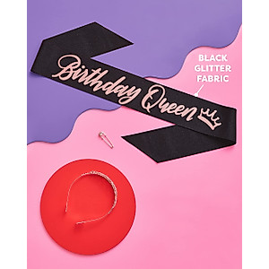 xo, Fetti Birthday Queen Sash + Tiara - Black Glitter + Rose Gold Foil | Birthday Party Decorations - 16th, 21st, 30th, 40th, 50th, Girl