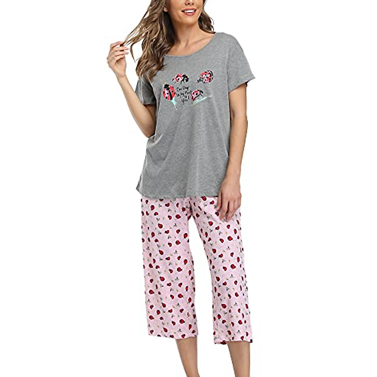 ENJOYNIGHT Womens Pajama Sets Cotton Pj Set Short Sleeve Top With Capri Pants Sleepwear 2 Piece Lounge Set(Large,Grey-Ladybug)