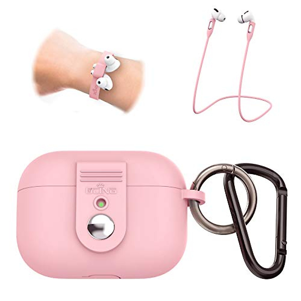 OCING 5 in One New Airpods Pro Case with Button Be Safer and Secured , Protective Case with Neck Strap and Sport Bracelet for Girl Men, Supports Wireless Charging [Front LED Visible] (Baby Pink)