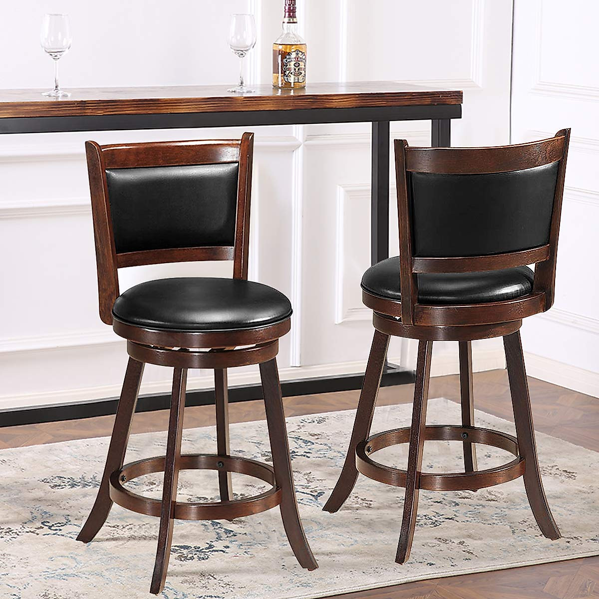 COSTWAY Bar Stools Set of 2, 360 Degree Swivel, Accent Wooden Swivel Seat Counter Height Bar Stool, Leather Upholstered Design, PVC Cushioned Seat, Perfect for Dining and Living Room (Height 24")
