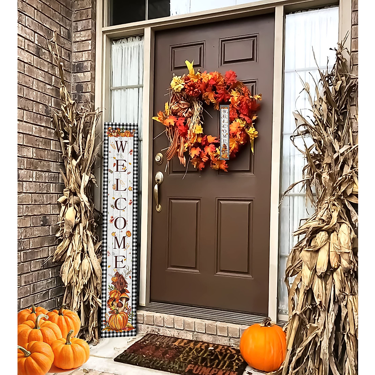 Fall Welcome Porch Sign Autumn Wooden Door Sign 47'' Large Buffalo Plaid Porch Sign for Pumpkin Sign Home Front Door Yard Party Decor