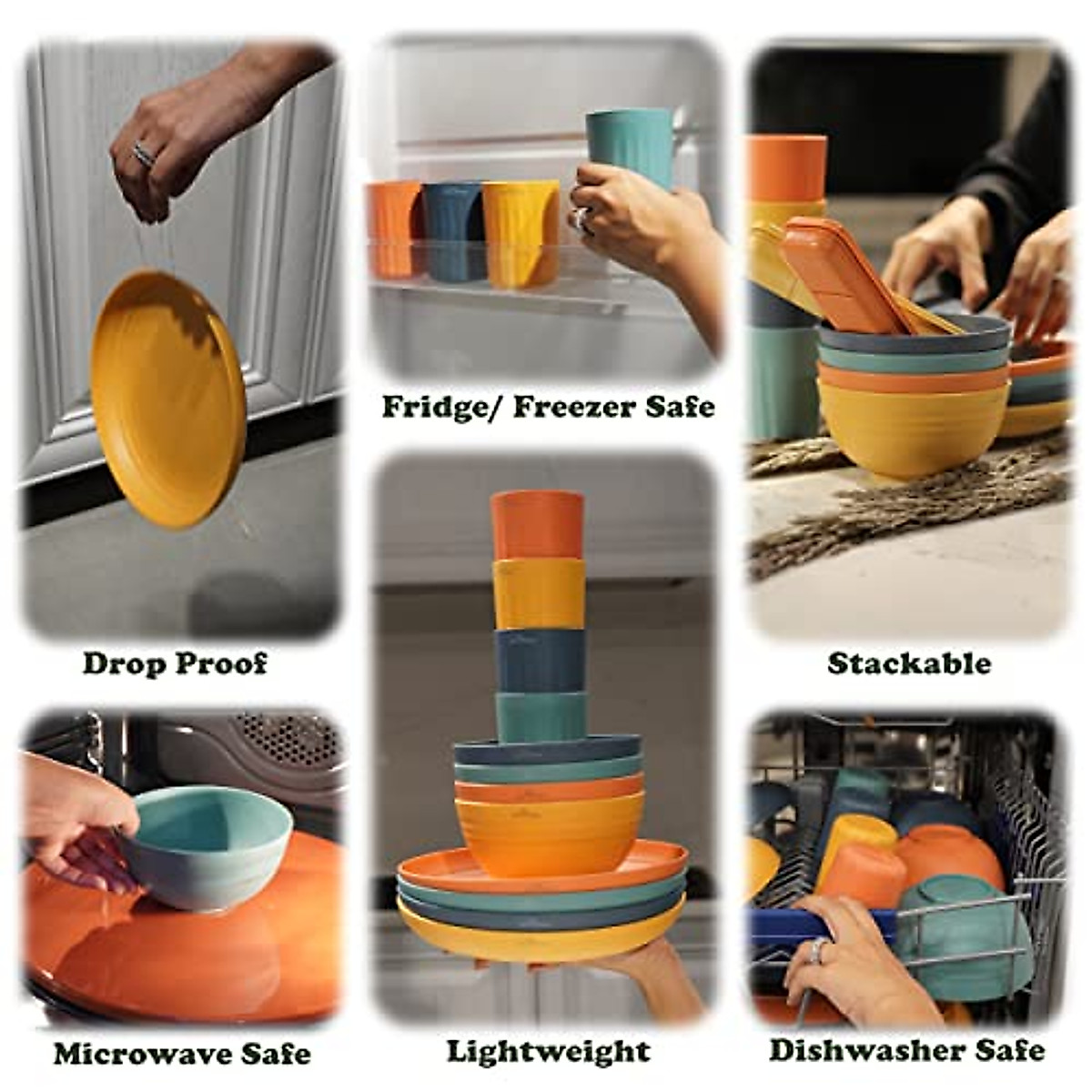 DINETHICS Wheat Straw Dinnerware Sets For 4 (36pc) Unbreakable n Microwave Safe - Plates and Bowls Camping Cups Set RV Dishes for