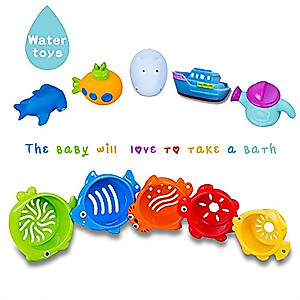 INNOCHEER Baby Bath Toys for Water Table, Toddler Water Toys with Bath Toys Stacking Cups, Quick Dry Organizer Net, 13 Pcs Early Educational Toy for Bathtub Game, Beach and Pool Party