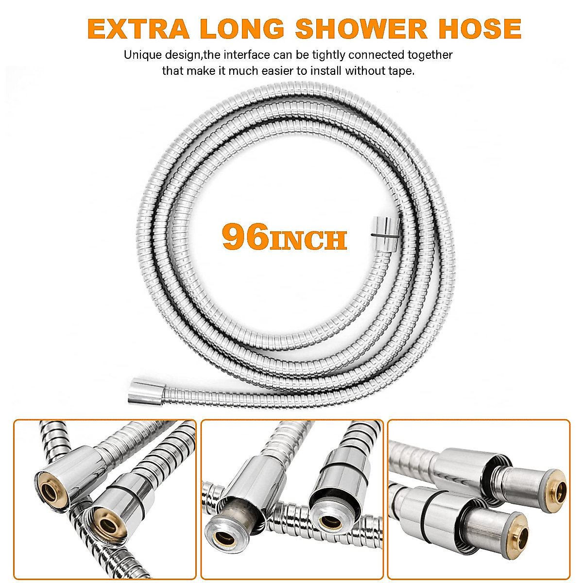 Metal Shower Hose Replacement，96 inch Extra Long Chrome Handheld Shower Head Hose - Lightweight And Flexible