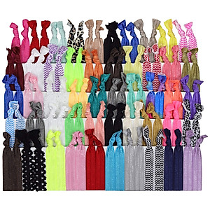 Kenz Laurenz 100 Hair Ties No Crease Ribbon Elastics Ouchless Ponytail Holders Hair Bands (100 Hair Ties-Prints and Solids)