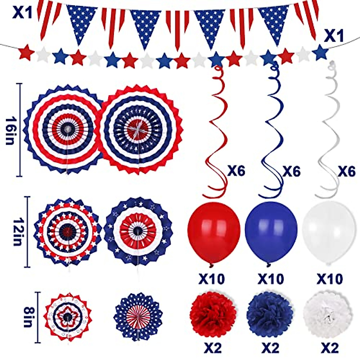 Ivenf Bunny Chorus 4th of July Decorations Set 62pcs: Red White Blue Independence Day Patriotic Decor, Large Paper Fans, Pom Poms, USA Flag Pennant Banner, Balloons, Star Streamer for Memorial Day