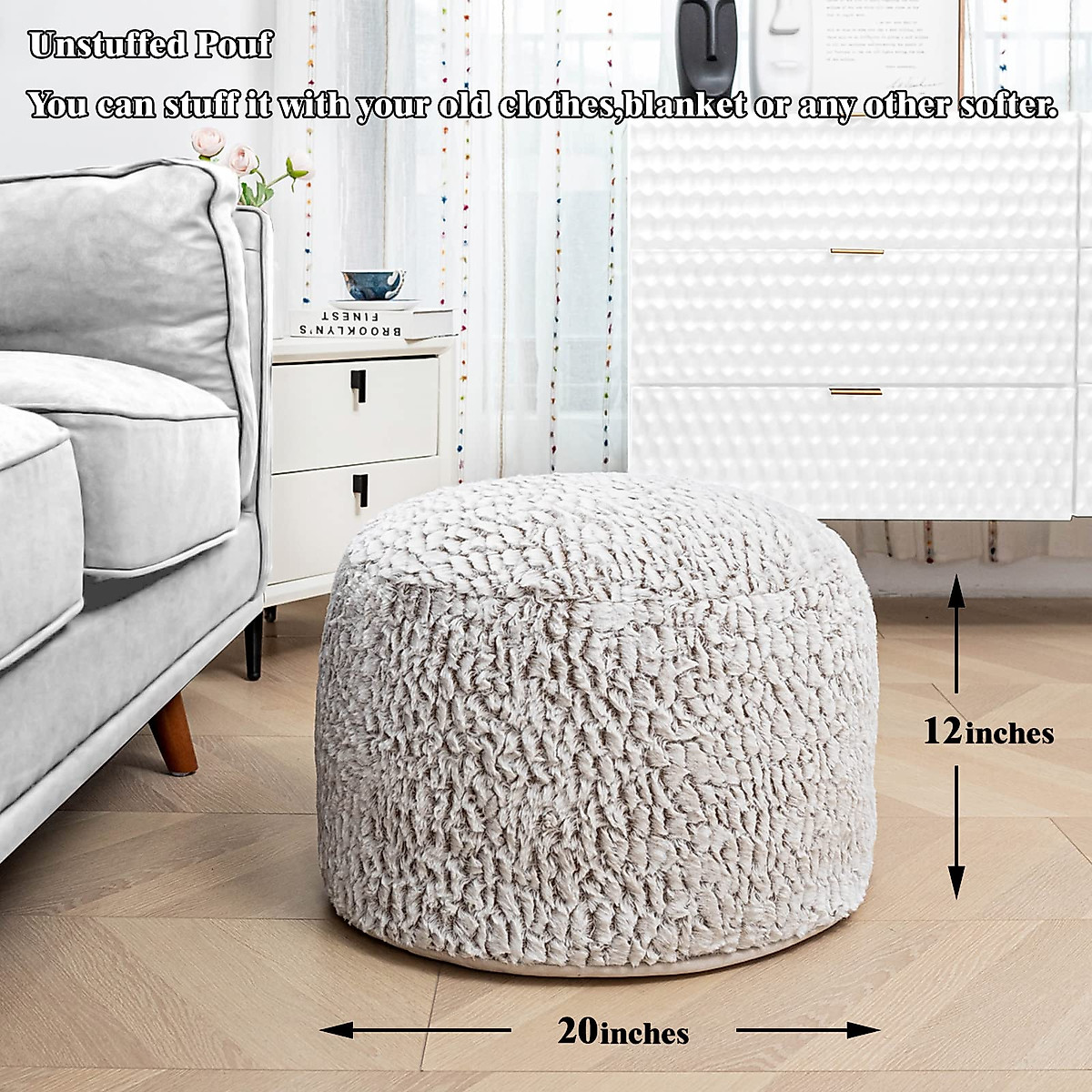 Asuprui Pouf Ottoman Unstuffed Pouf Ottoman Foot Rest No Filler Soft Fur Foot Stool 20x20x12 Inches Fuzzy Chair Floor Pouf Chair Foot Rest with Storage for Living Room Bedroom Snow Coffee Pouf Cover